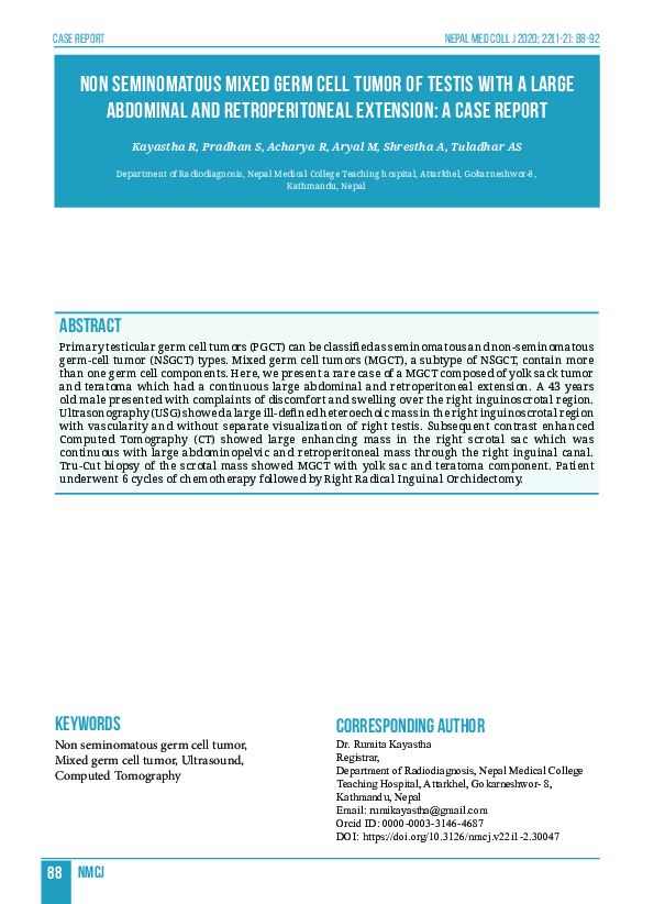 (PDF) Non Seminomatous Mixed Germ Cell Tumor of Testis with a Large ...