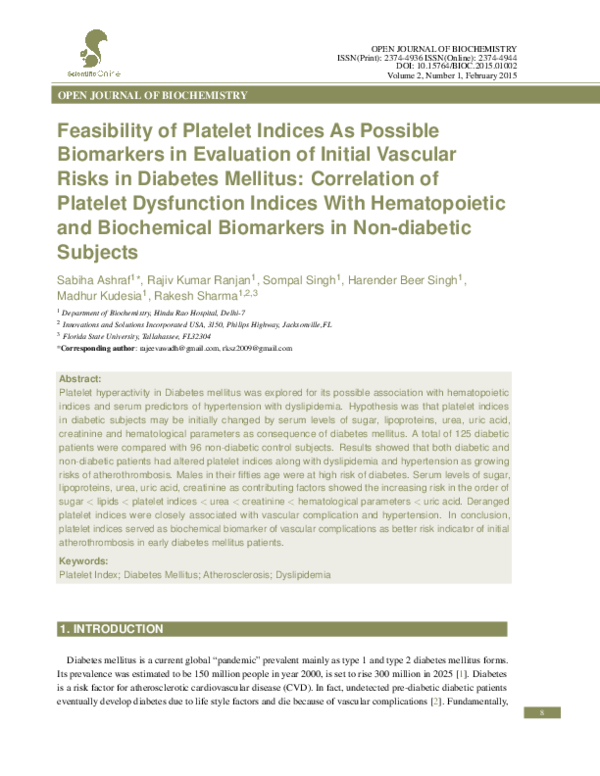 (PDF) Feasibility of Platelet Indices As Possible Biomarkers in ...