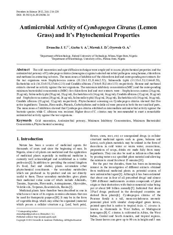 (PDF) Antimicrobial Activity of Cymbopogon Citratus (Lemon Grass) and It’s Phytochemical Properties