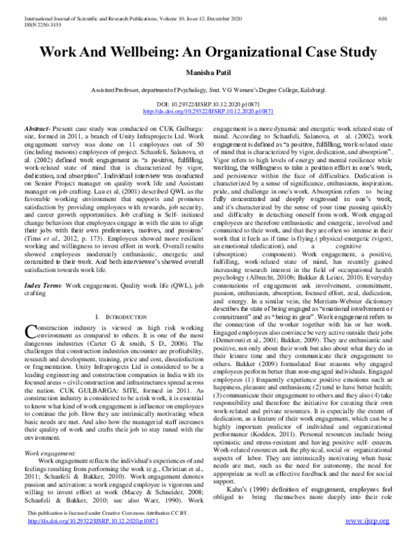 (PDF) Work And Wellbeing: An Organizational Case Study
