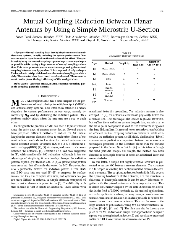 (PDF) Mutual Coupling Reduction Between Planar Antennas by Using a Simple Microstrip U-Section ...