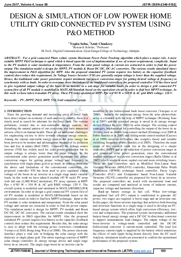 (PDF) Design & Simulation Of Low Power Home Utility Grid Connected PV System Using P&O Method