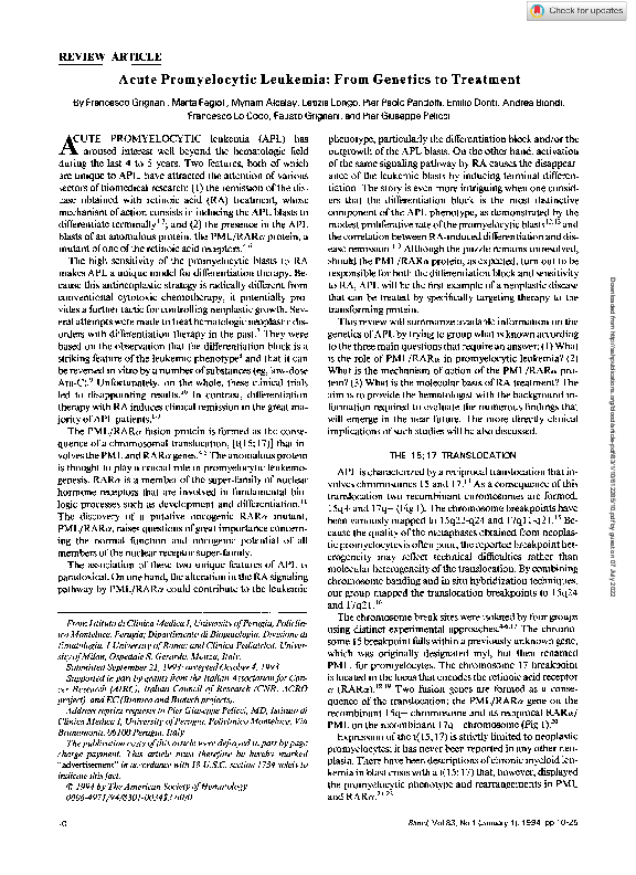 (PDF) Acute promyelocytic leukemia: from genetics to treatment