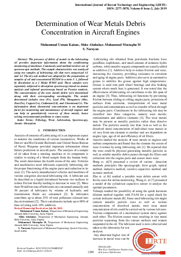(PDF) Determination of Wear Metals Debris Concentration in Aircraft Engines