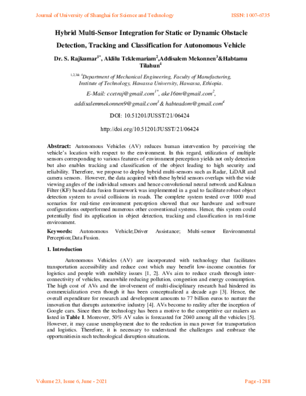 Pdf Hybrid Multi Sensor Integration For Static Or Dynamic Obstacle