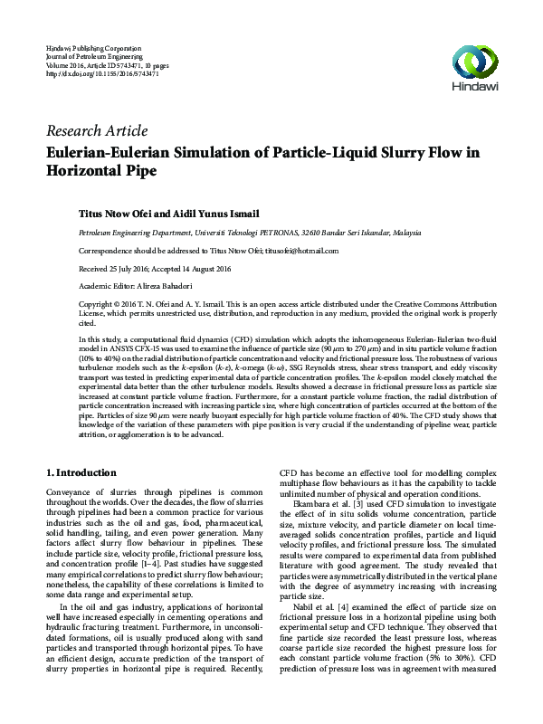 (PDF) Eulerian-Eulerian Simulation of Particle-Liquid Slurry Flow in Horizontal Pipe