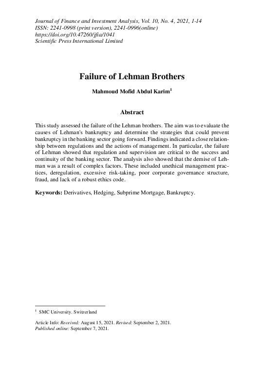 (PDF) Failure of Lehman Brothers