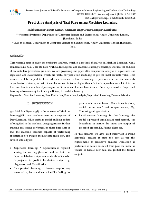 (PDF) Predictive Analysis of Taxi Fare using Machine Learning