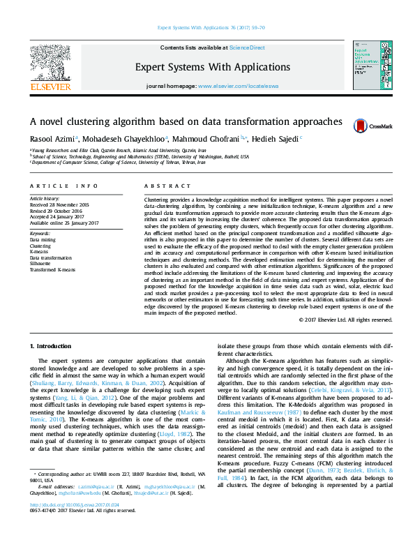 (PDF) A novel clustering algorithm based on data transformation approaches