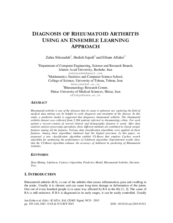 Pdf Diagnosis Of Rheumatoid Arthritis Using An Ensemble Learning Approach Hedieh Sajedi