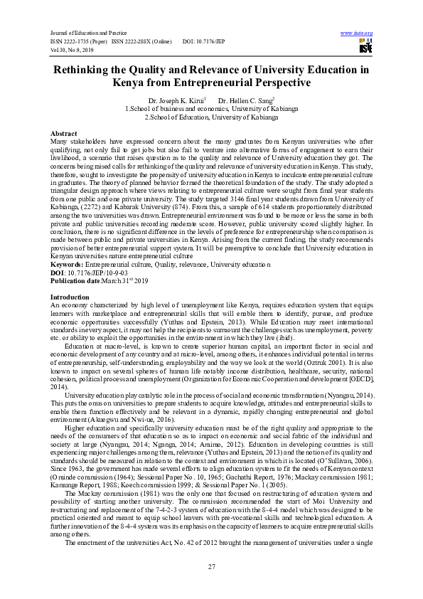 (PDF) Rethinking Quality and Relevance of University Education in Kenya | Hellen C. Sang ...
