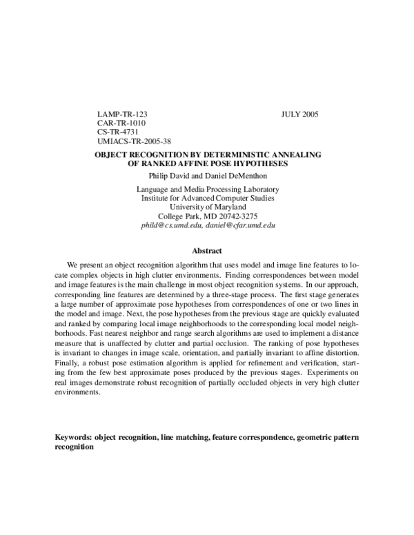 (PDF) Object Recognition by Deterministic Annealing of Ranked Affine Pose Hypotheses