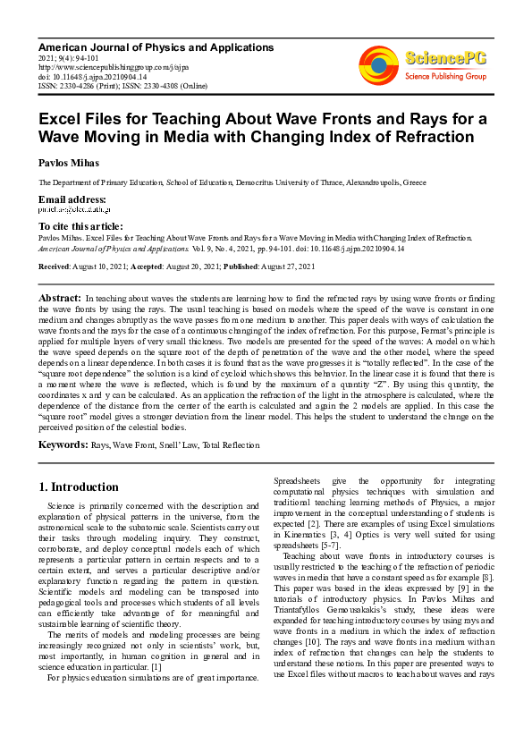 (PDF) Excel Files for Teaching About Wave Fronts and Rays for a Wave ...
