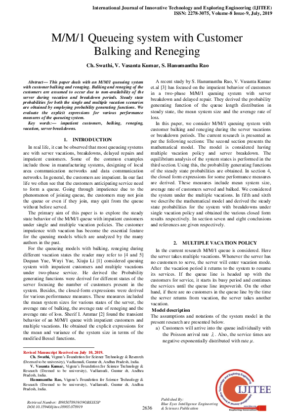 (PDF) M/M/1 Queueing system with Customer Balking and Reneging
