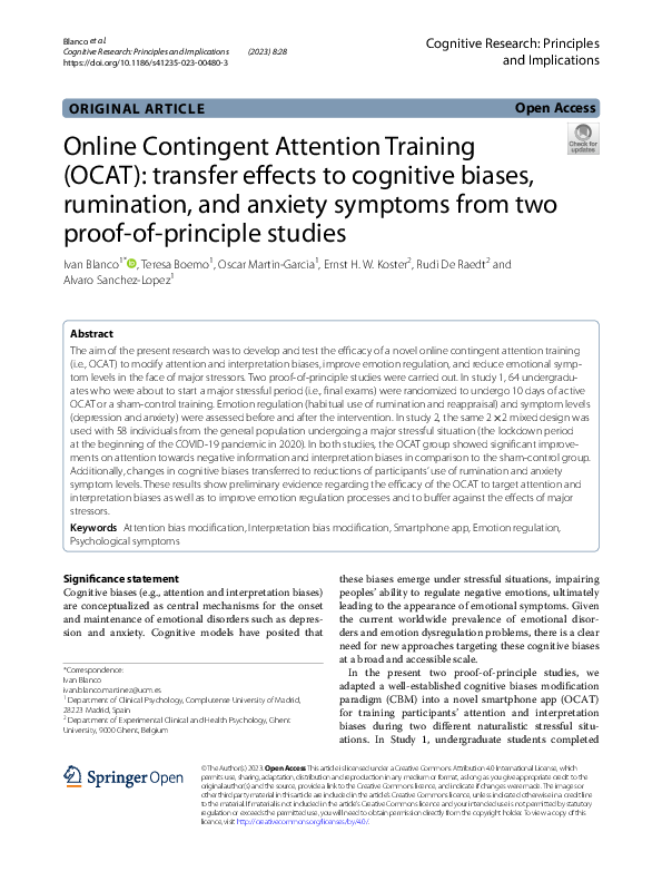 (PDF) Online Contingent Attention Training (OCAT): transfer effects to cognitive biases ...