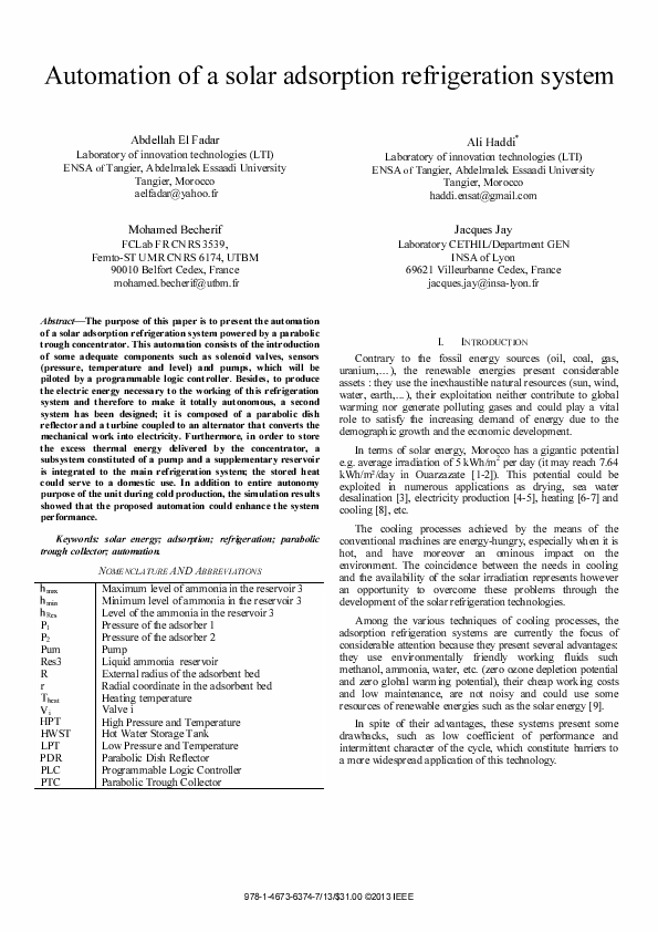 (PDF) Automation of a solar adsorption refrigeration system | ali Haddi ...