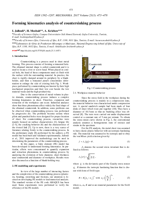 (PDF) Forming kinematics analysis of countersinking process ...