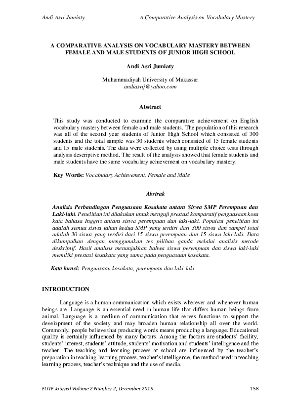 (PDF) A Comparative Analysis on Vocabulary Mastery Between Female and ...