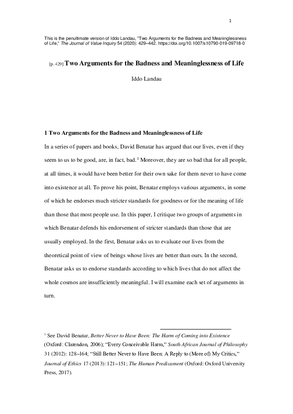 (PDF) Penultimate Version Two Arguments for the Badness and ...