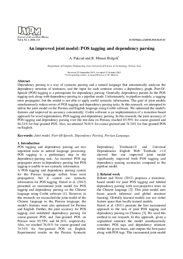 (PDF) An improved joint model: POS tagging and dependency parsing | Atefe Pakzad - Academia.edu