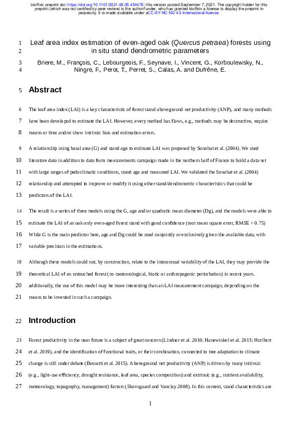 (PDF) Leaf area index estimation of even-aged oak (Quercus petraea) forests using in situ stand ...