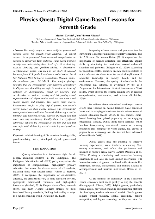 (PDF) Physics Quest: Digital Game-Based Lessons for Seventh Grade