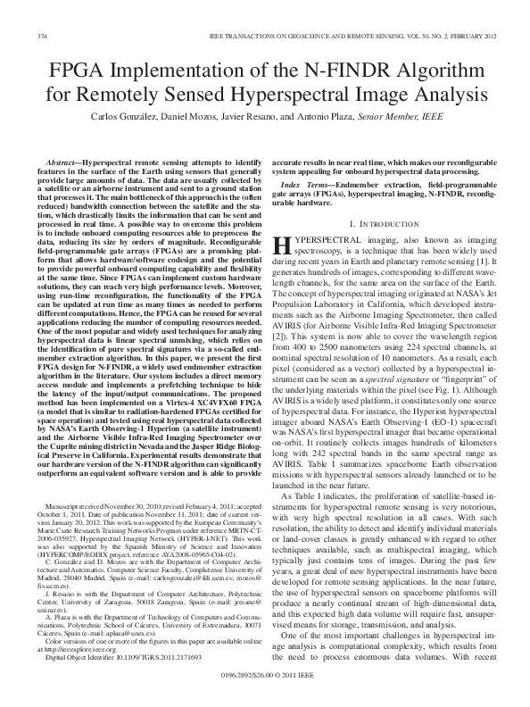Pdf Fpga Implementation Of The N Findr Algorithm For Remotely Sensed Hyperspectral Image Analysis