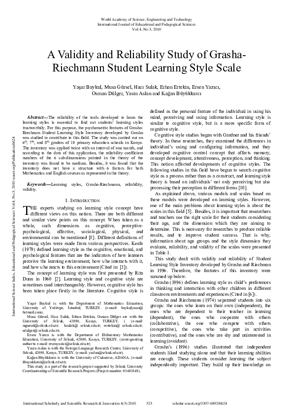 (PDF) A Validity And Reliability Study Of Grasha- Riechmann Student Learning Style Scale