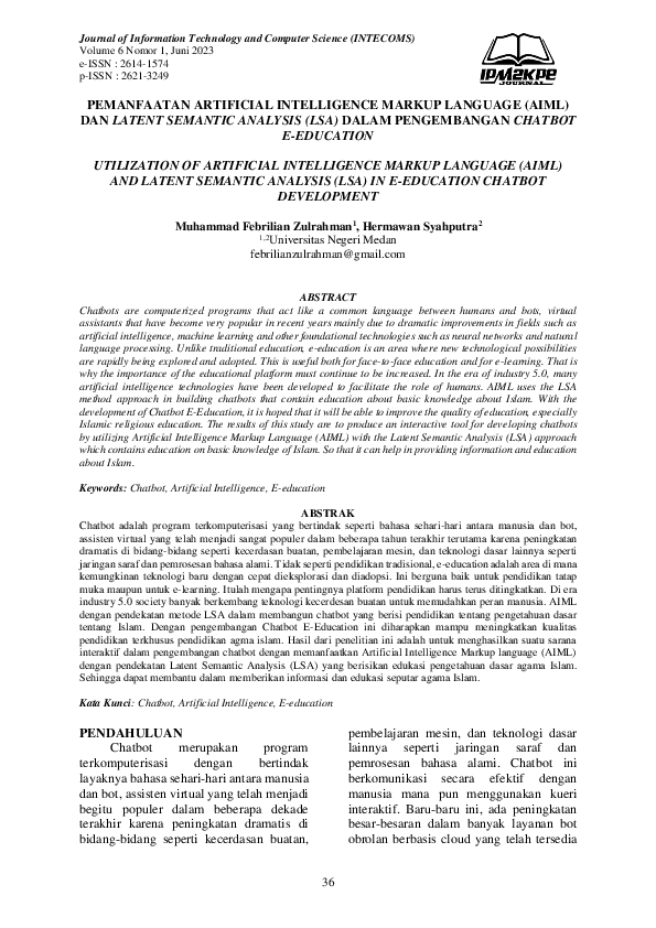 (PDF) Pemanfaatan Artificial Intelligence Markup Language (AIML) dan Latent Semantic Analysis ...