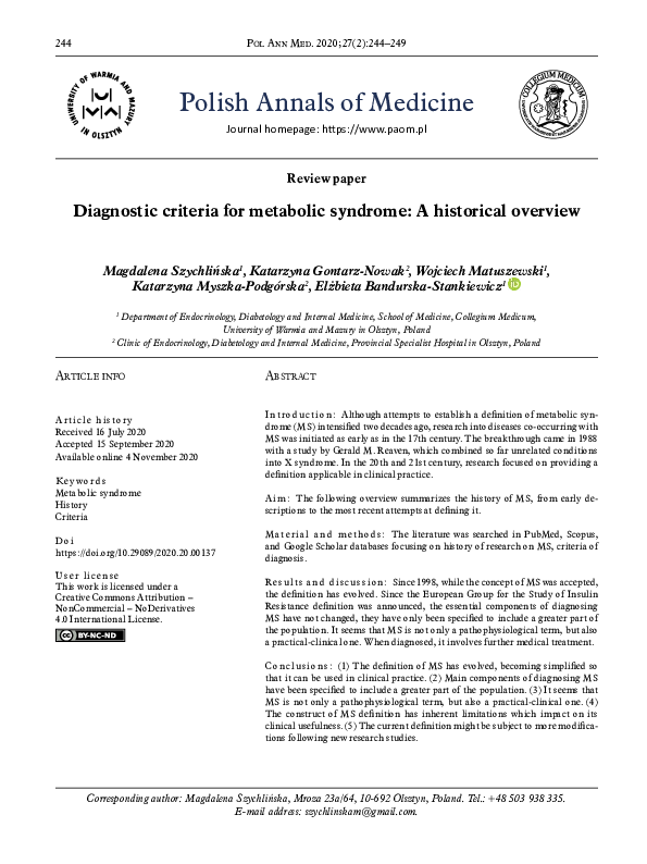 Pdf Diagnostic Criteria For Metabolic Syndrome A Historical Overview