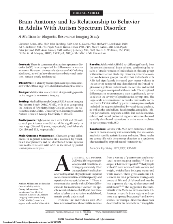 (PDF) Brain anatomy and its relationship to behavior in adults with ...