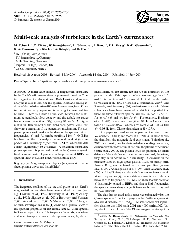 (PDF) Multi-scale analysis of turbulence in the Earth's current sheet