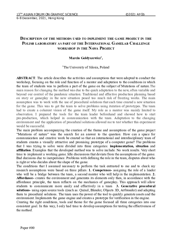 (PDF) DESCRIPTION OF THE METHODS USED TO IMPLEMENT THE GAME PROJECT IN THE POLISH LABORATORY AS ...