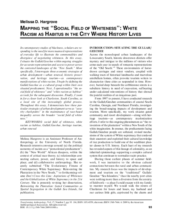 (PDF) Mapping the “Social Field of Whiteness”: White Racism as Habitus ...