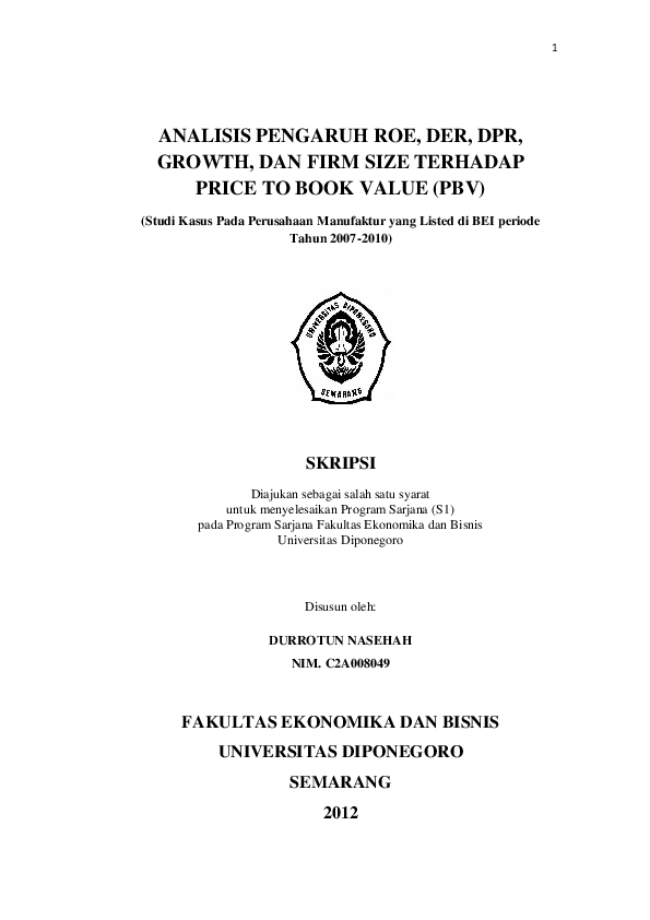 (PDF) ANALISIS PENGARUH ROE, DER, DPR, GROWTH, DAN FIRM SIZE TERHADAP PRICE TO BOOK VALUE (PBV ...