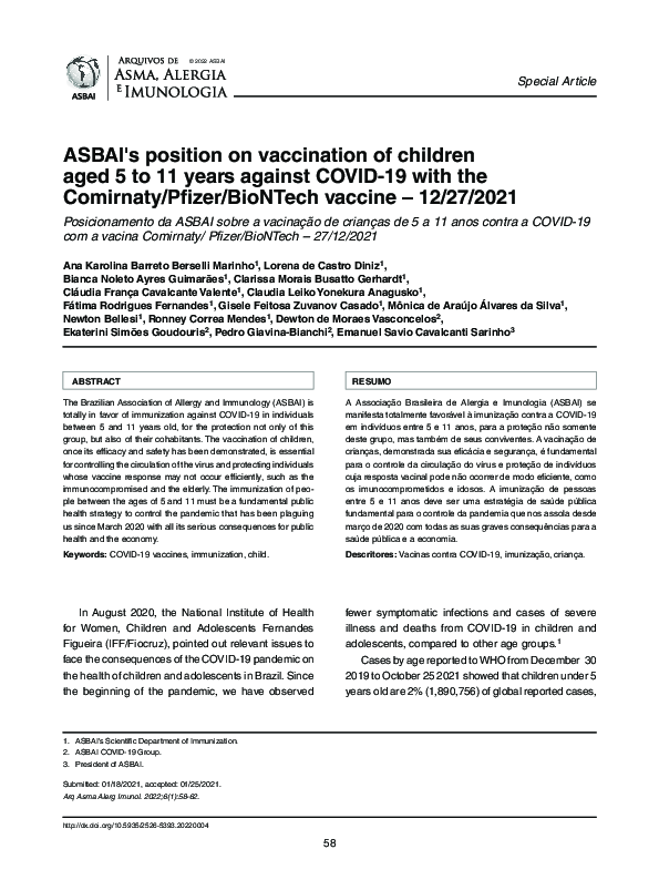 (PDF) ASBAI's position on vaccination of children aged 5 to 11 years ...