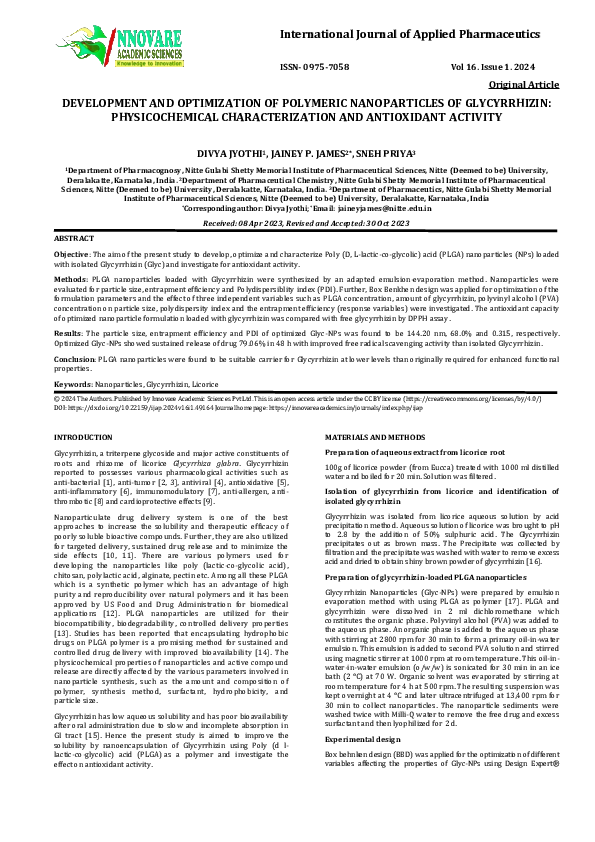 Pdf Development And Optimization Of Polymeric Nanoparticles Of Glycyrrhizin Physicochemical