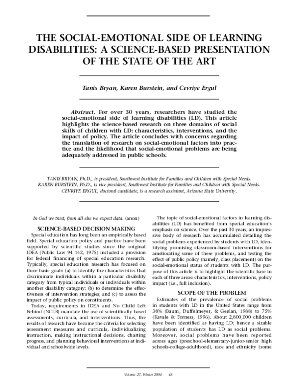 (PDF) The Social-Emotional Side of Learning Disabilities: A Science ...