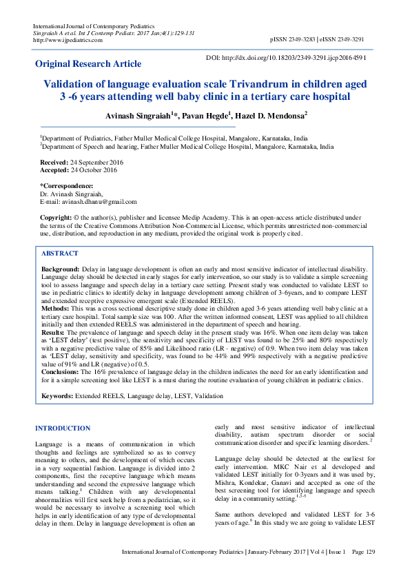 (PDF) Validation of language evaluation scale Trivandrum in children ...