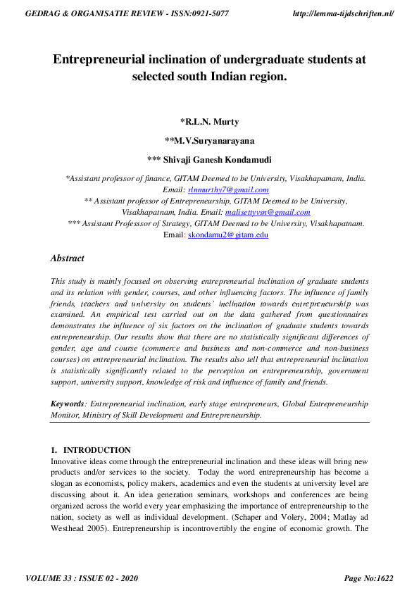 (PDF) Entrepreneurial inclination of undergraduate students at selected south Indian region