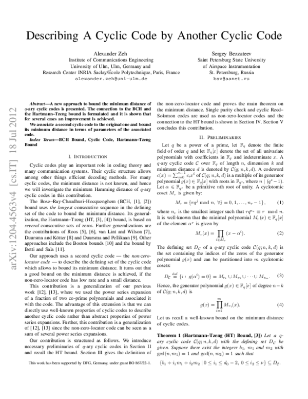 (PDF) Describing A Cyclic Code by Another Cyclic Code