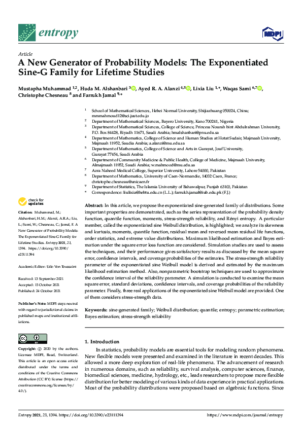 (PDF) A New Generator of Probability Models: The Exponentiated Sine-G ...