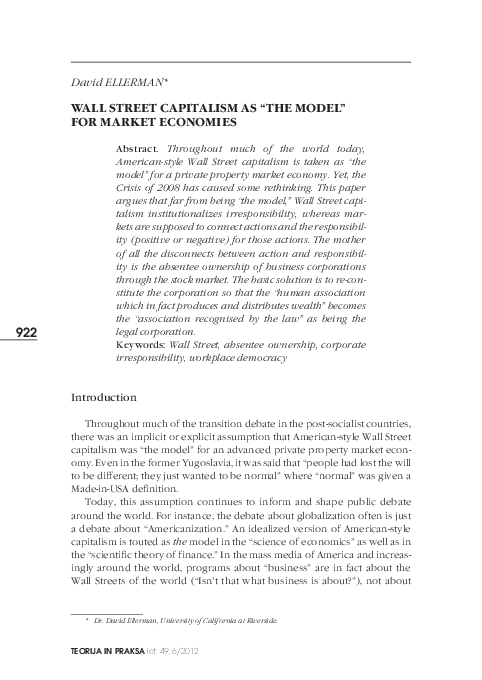(PDF) Wall Street Capitalism as "The Model" for Market Economies