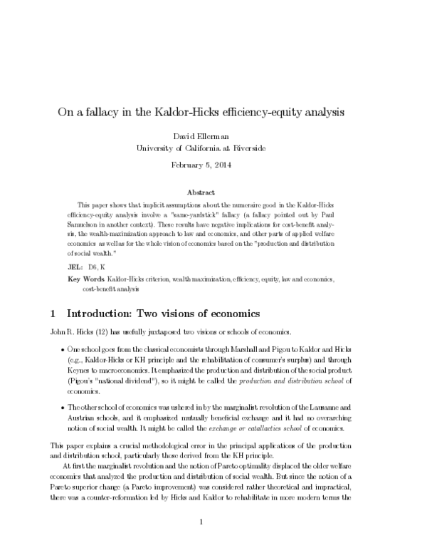 (PDF) On a fallacy in the Kaldor–Hicks efficiency–equity analysis