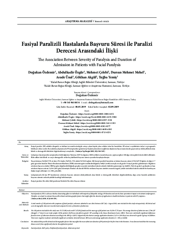 (PDF) Fasiyal Paralizili Hastalarda Başvuru Süresi ile Paralizi ...