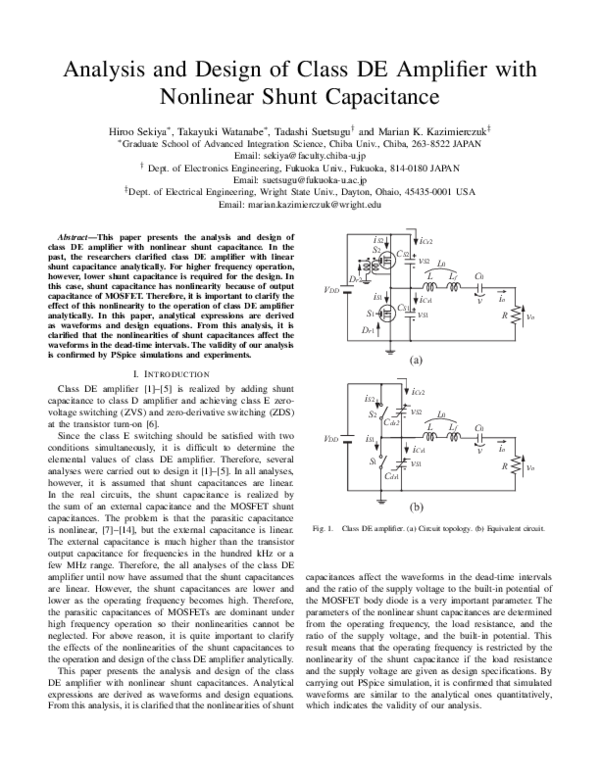 (PDF) Analysis and Design of Class DE Amplifier With Nonlinear Shunt Capacitances