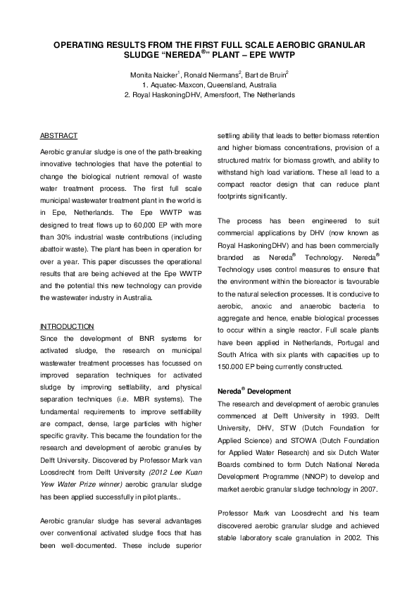 (PDF) Operating Results from the First Full Scale Aerobic Granular ...
