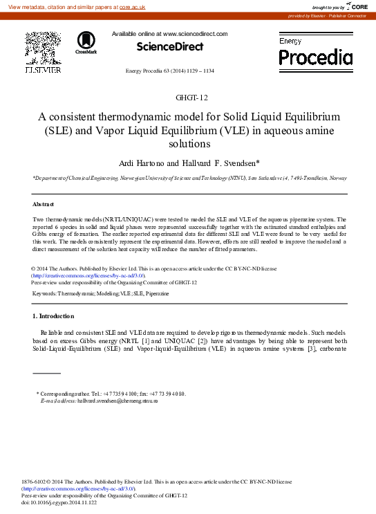 (PDF) A consistent Thermodynamic Model for Solid Liquid Equilibrium (SLE) and Vapor Liquid ...