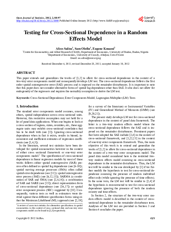 Pdf Testing For Cross Sectional Dependence In A Randomeffects Model