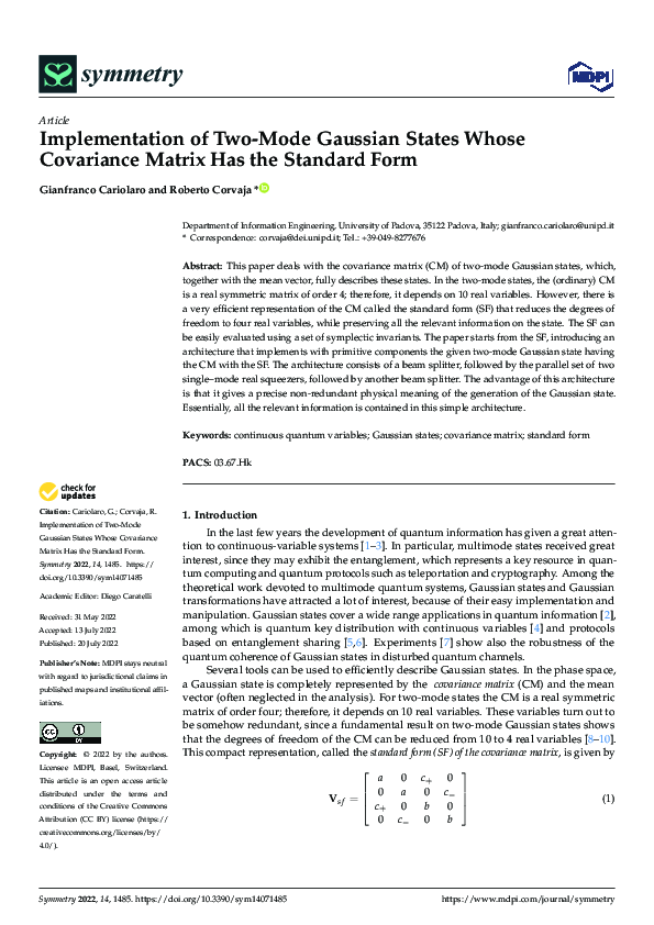 (PDF) Implementation of Two-Mode Gaussian States Whose Covariance ...